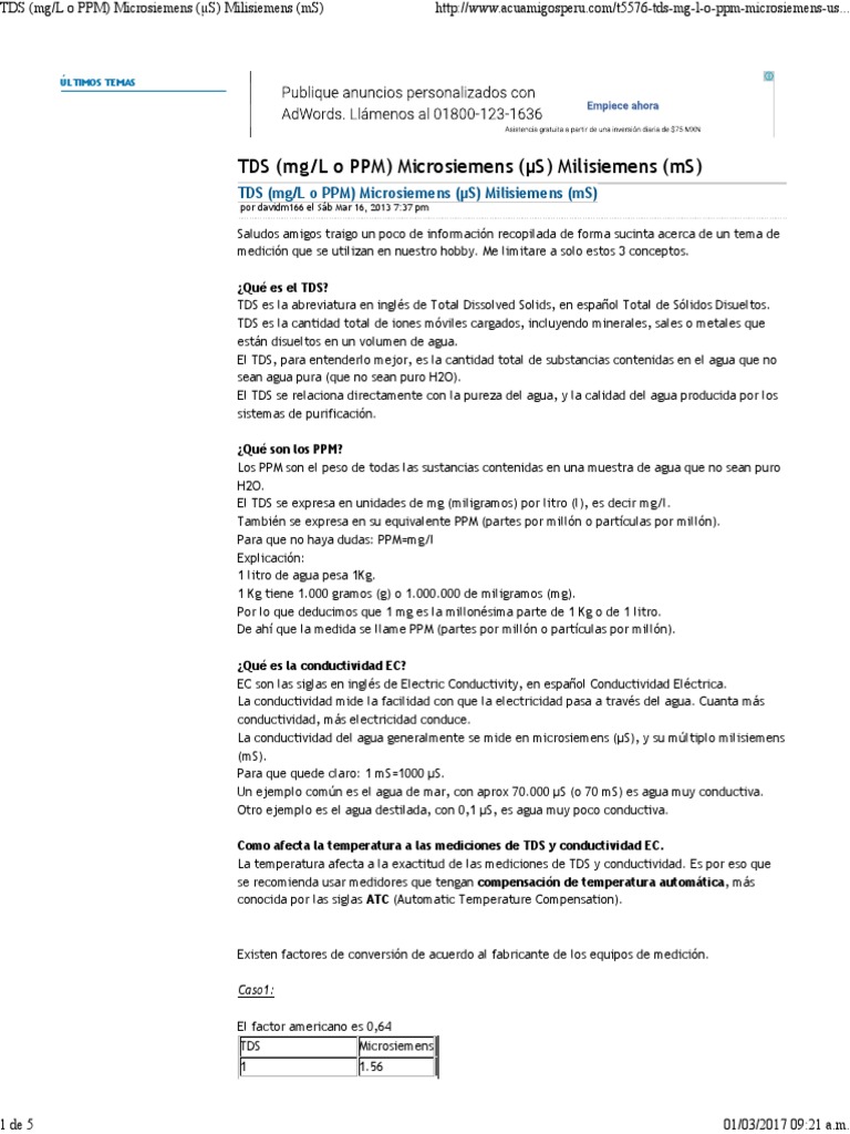 Conversión de Microsiemens y Milisiemens | PDF | Litro | Partes por ...