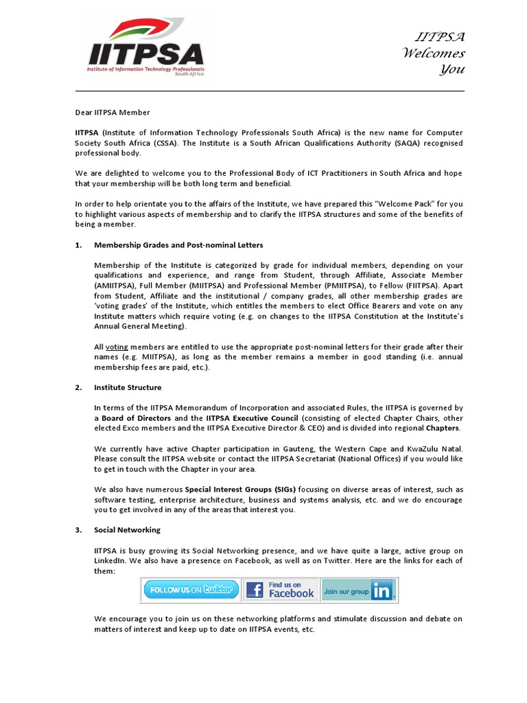 IITPSA New Members Welcome Pack - 2014-08-20 | PDF | Communication ...