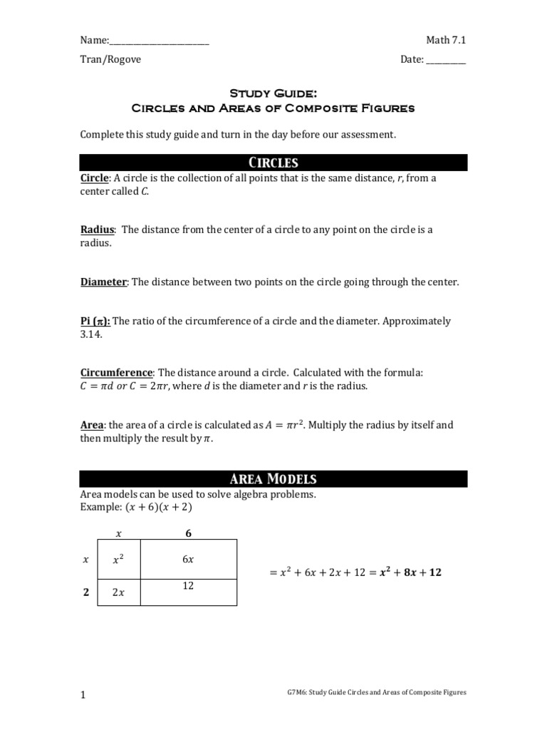 g7m6 Study Guide Circles and Areas of Composite Shapes | PDF | Area ...