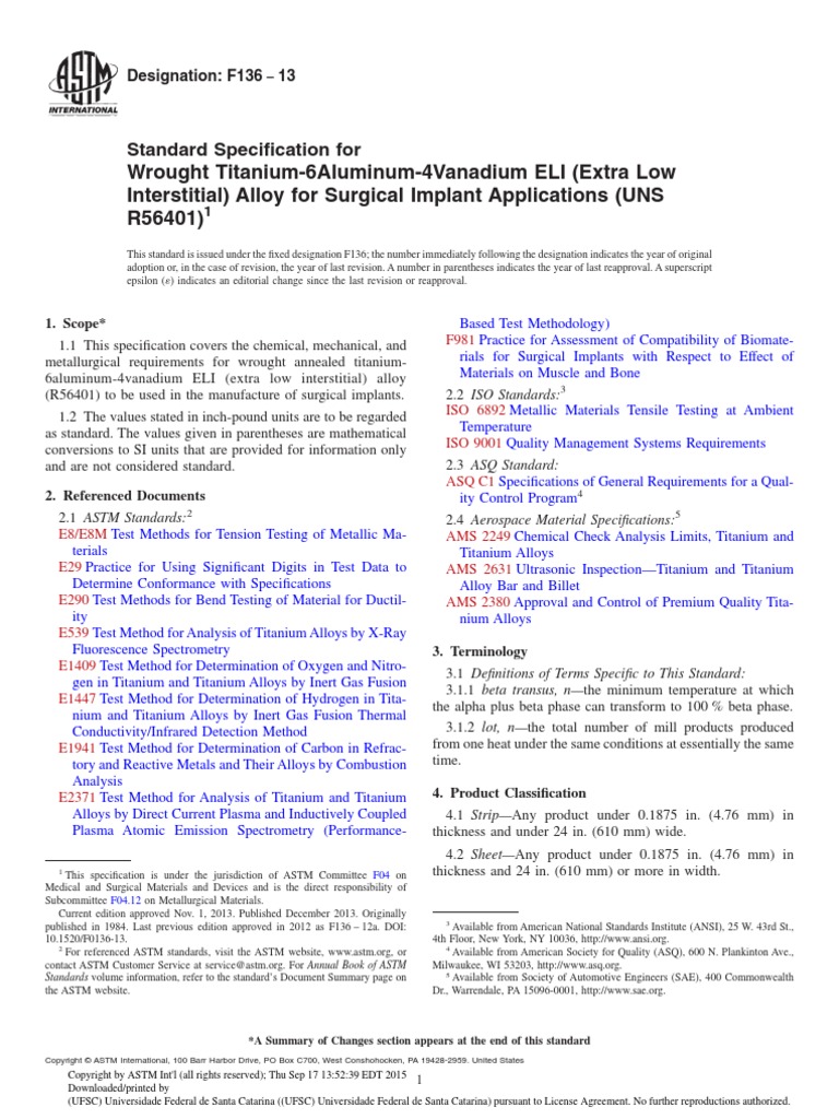 Astm F 136 | PDF | Titanium | Alloy