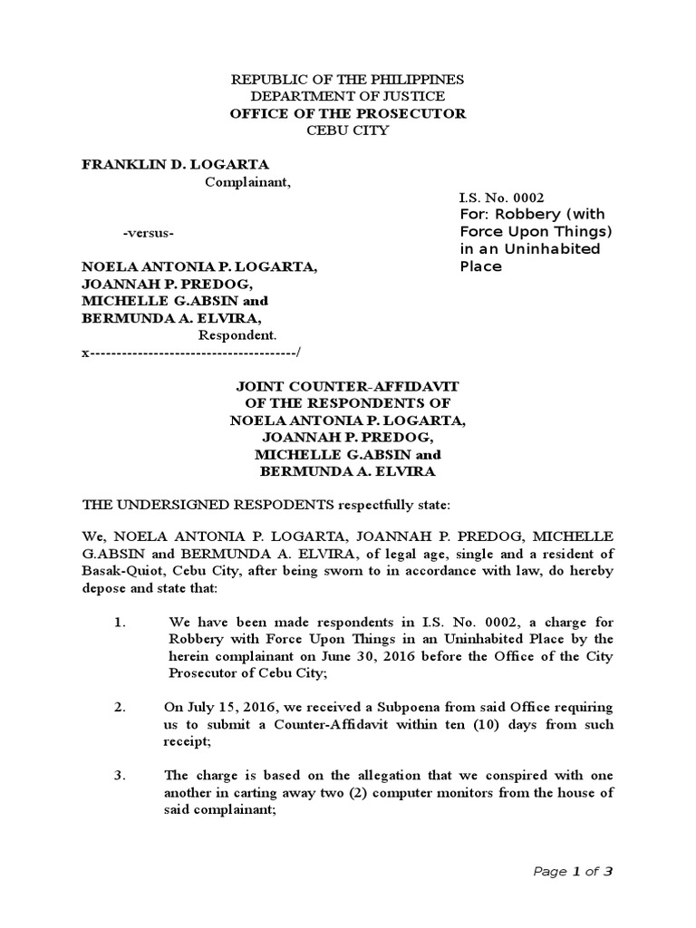 Joint Counter Affidavit | Lawsuit | Criminal Law