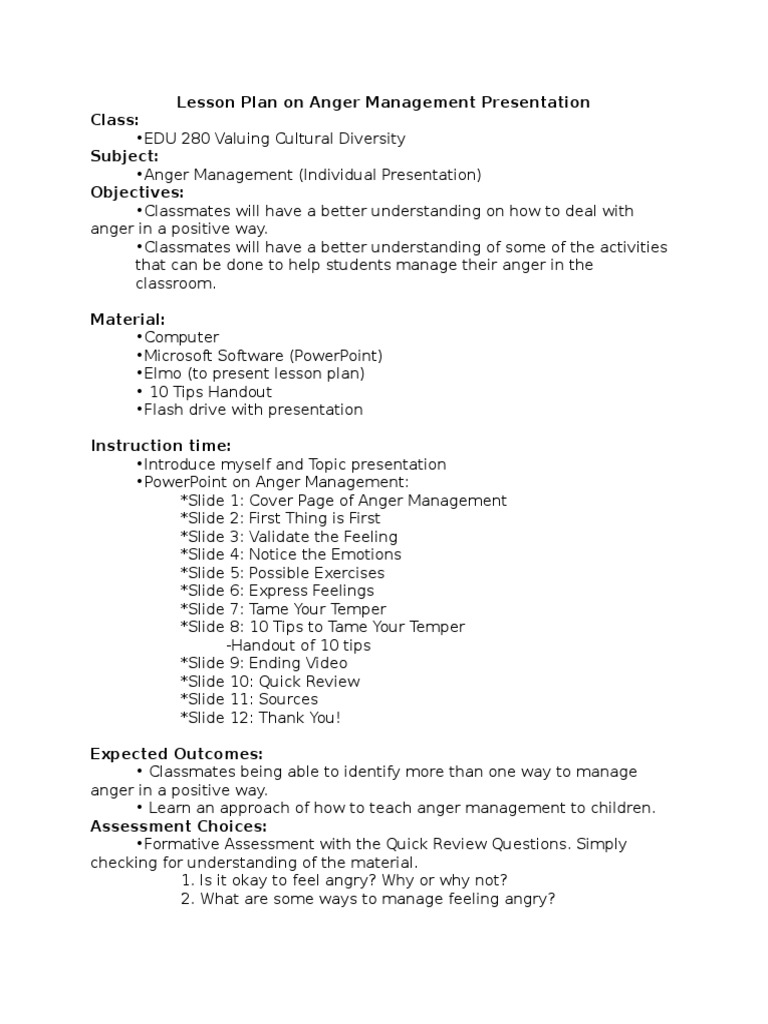 Anger Management Lesson Plan Overview | PDF | Anger | Lesson Plan