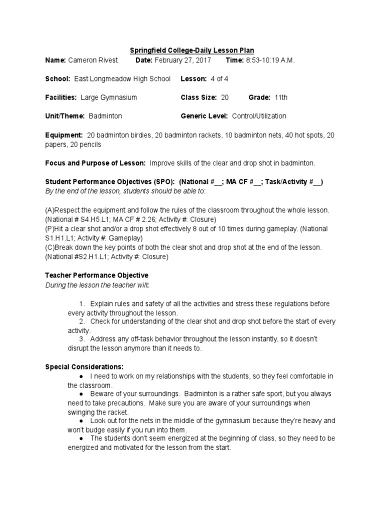 Lessonplan4 Badminton Tlcomments | PDF | Sports | Leisure