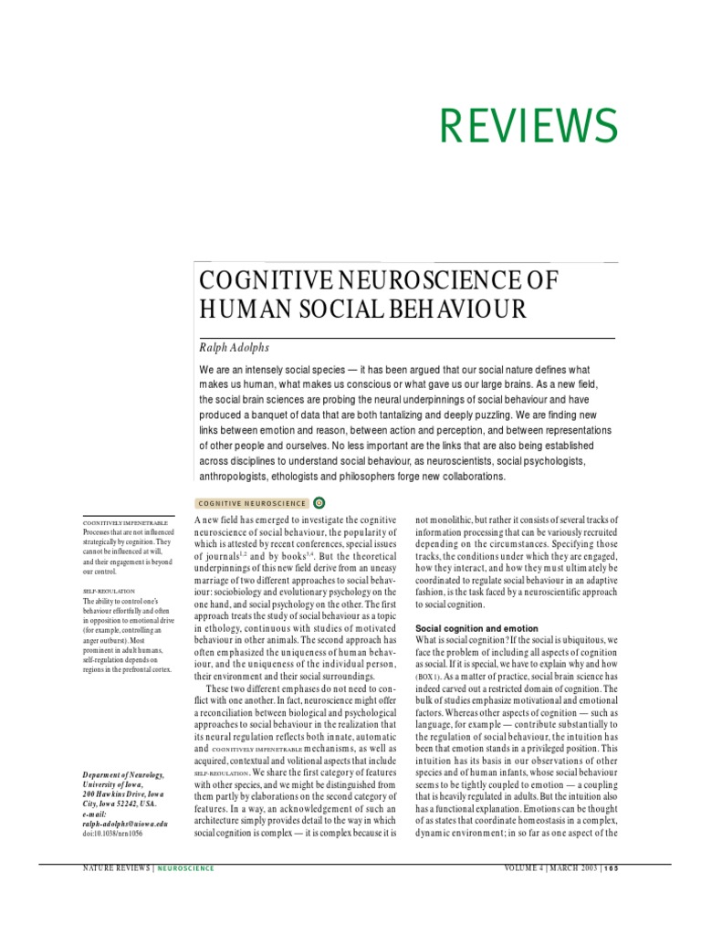 Adolphs R Cognitive Neuroscience Of Human Social Behaviour 2003 Pdf