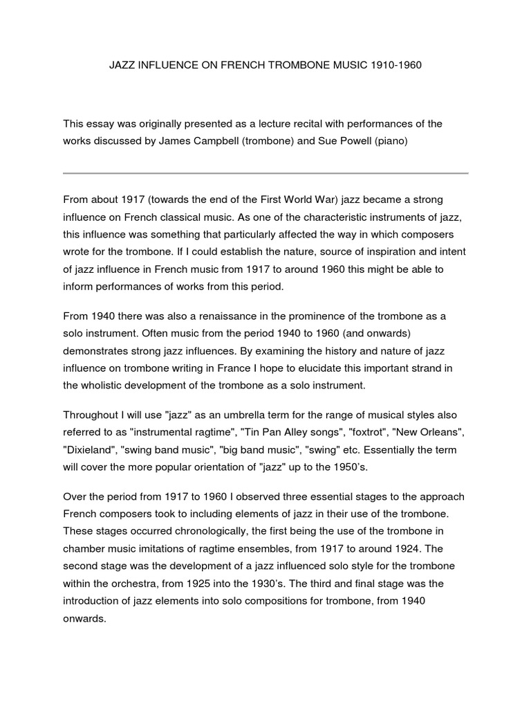 Jazz Influence On French Trombone Music 1910-1960 PDF | PDF