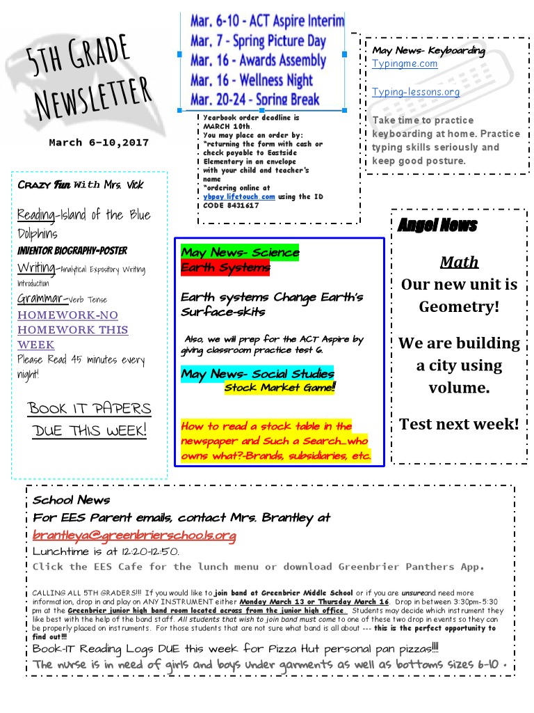 5th Grade Newsletter | PDF | Middle Schools | Communication