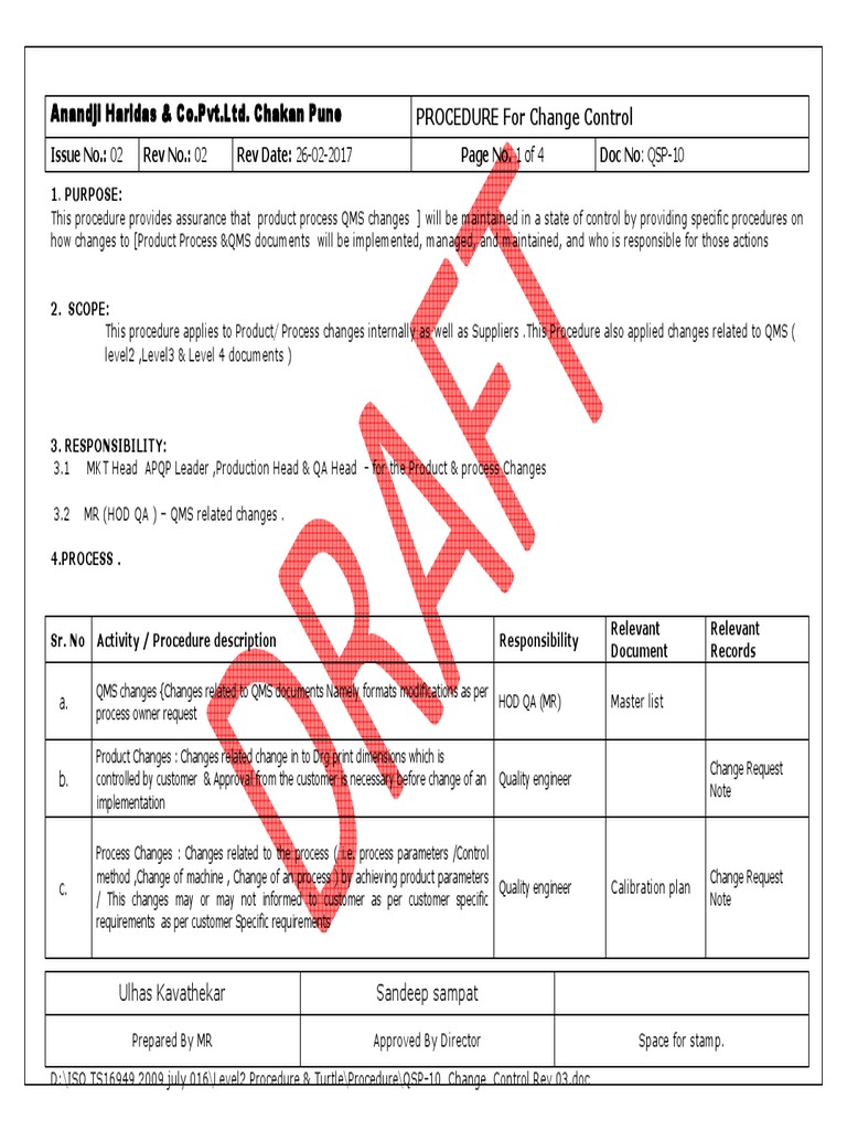 QSP-10 Change Control Rev 02 | PDF | Quality Assurance | Production And Manufacturing