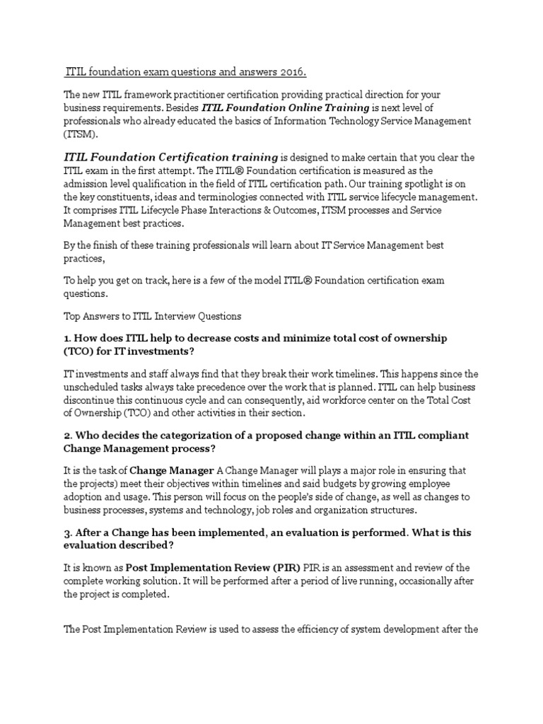 ITIL Foundation Exam Questions and Answers | PDF | Itil | It Service ...