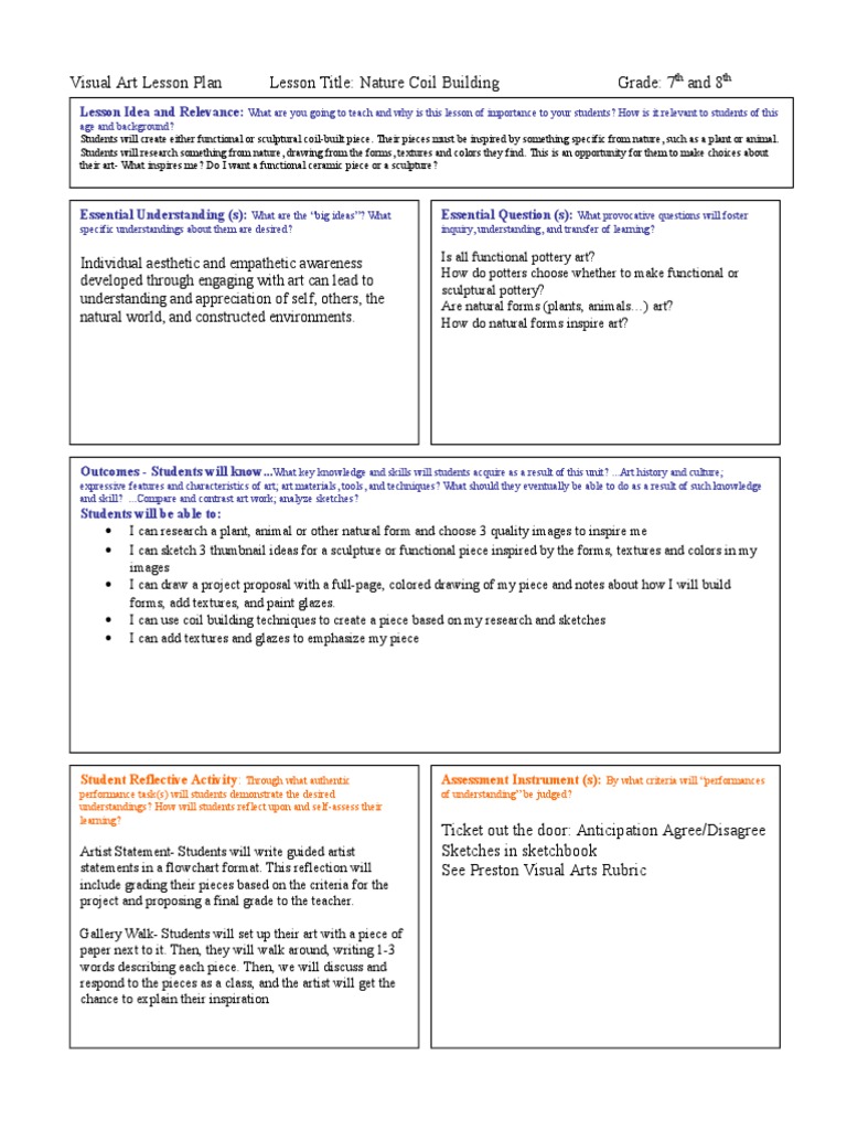 Visual Art Lesson Plan Lesson Title: Nature Coil Building Grade: 7 and ...