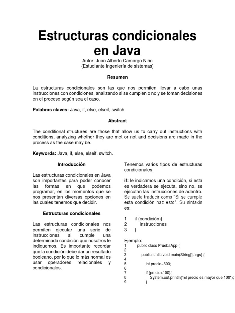 Artículo Estructuras Condicionales en Java | PDF | Java (lenguaje de programación ...
