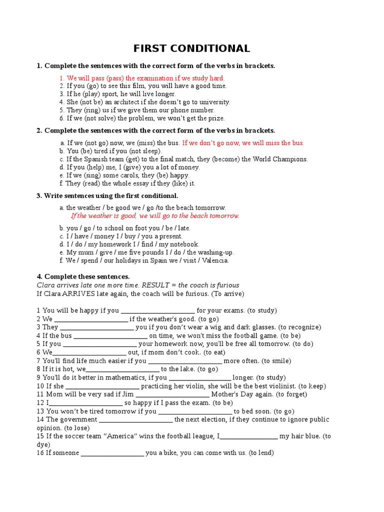First Conditional: 1. Complete The Sentences With The Correct Form of ...