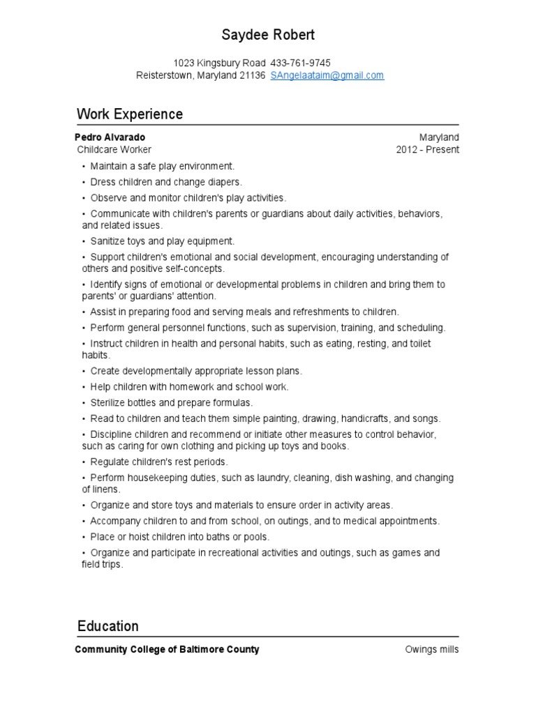 Childcare Worker Resume for Saydee Robert | PDF | Career & Growth ...