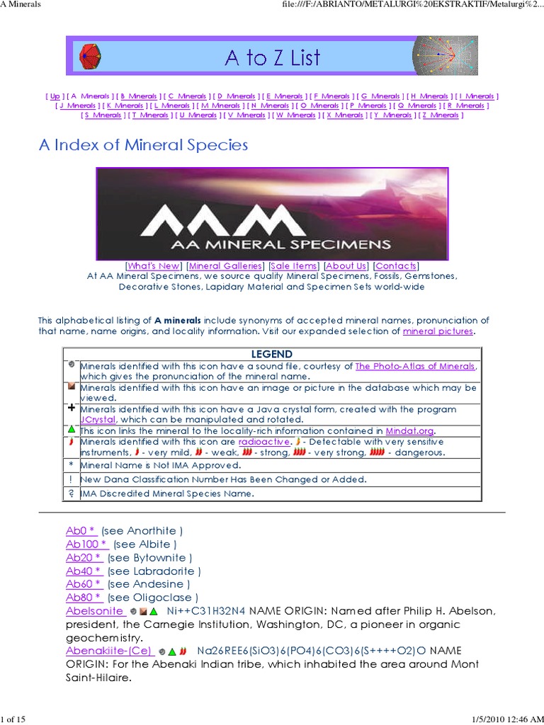Index A-Z Minerals (AA) | PDF | Chemical Elements | Classification Of ...