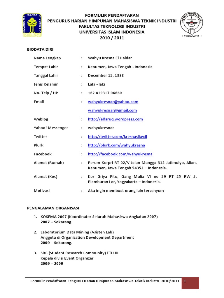 Formulir Pendaftaran Hmti 2010 2011 Contoh Pengisian | PDF Formulir Pendaftaran Hmti 2010 2011 Contoh Pengisian | PDF