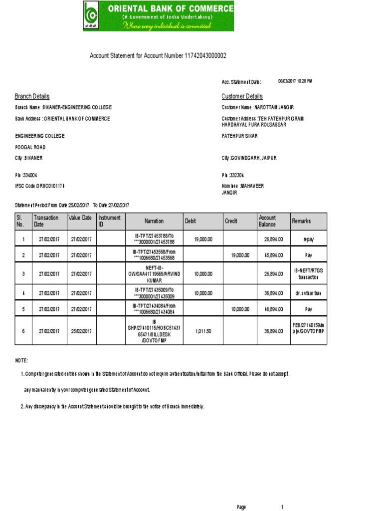 Transaction Statement OBC | Debits And Credits | Financial Transaction