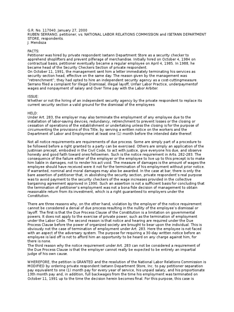 Illegal Dismissal Case: Serrano vs. NLRC | PDF | Layoff | Employment