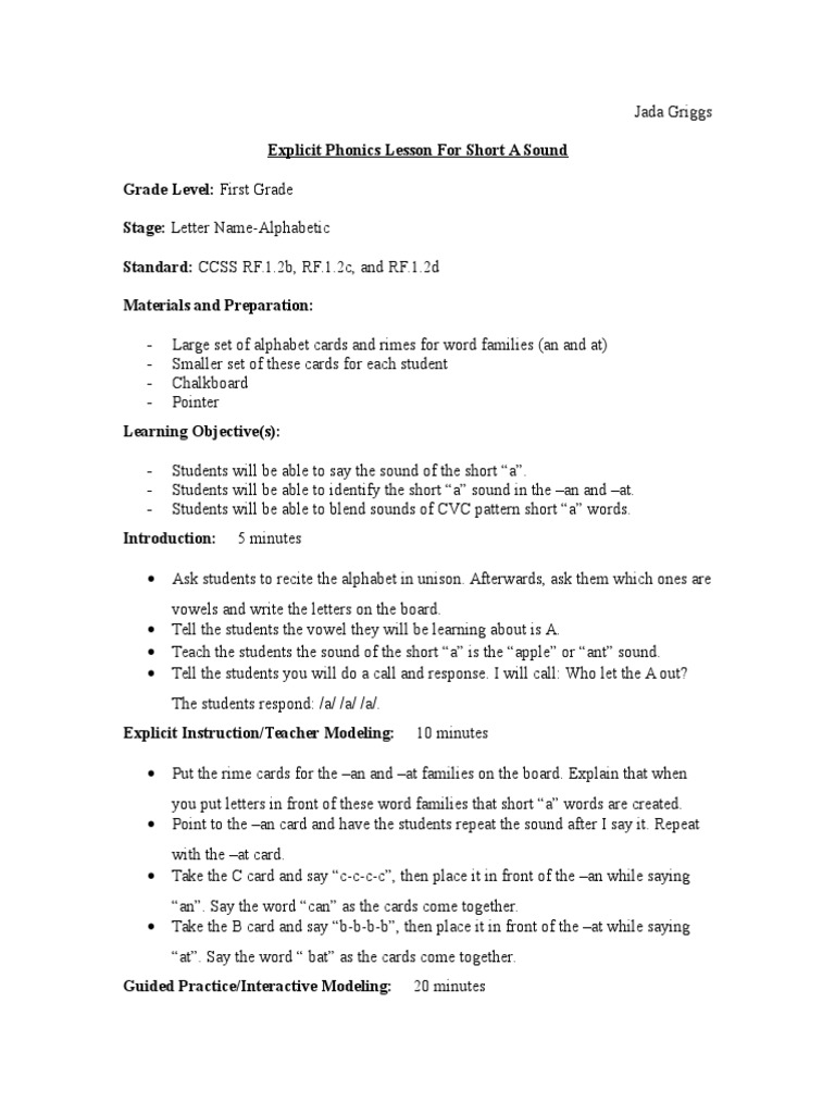 Short A Lesson Plan | PDF | Phonics | Symbols