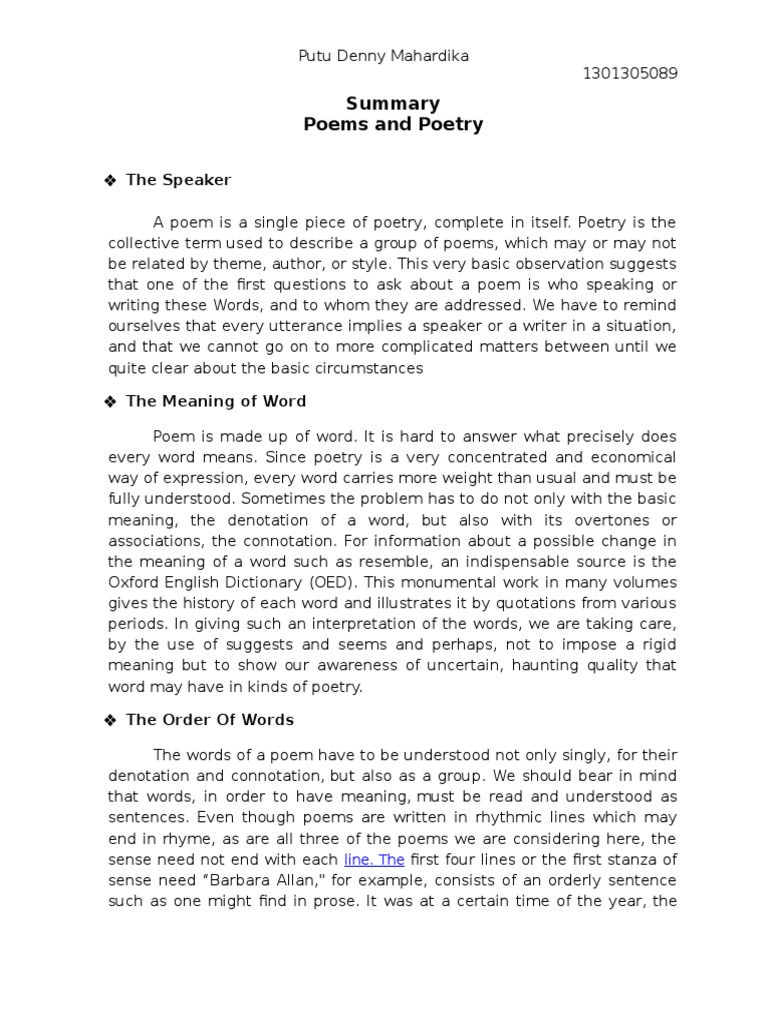 Summary Poetry Analysis | PDF | Poetry | Sentence (Linguistics)