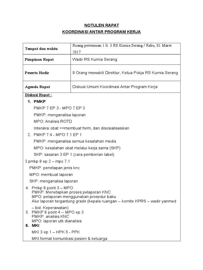 Notulen Rapat Koordinasi Program Kerja | PDF | Pengembangan Diri ...