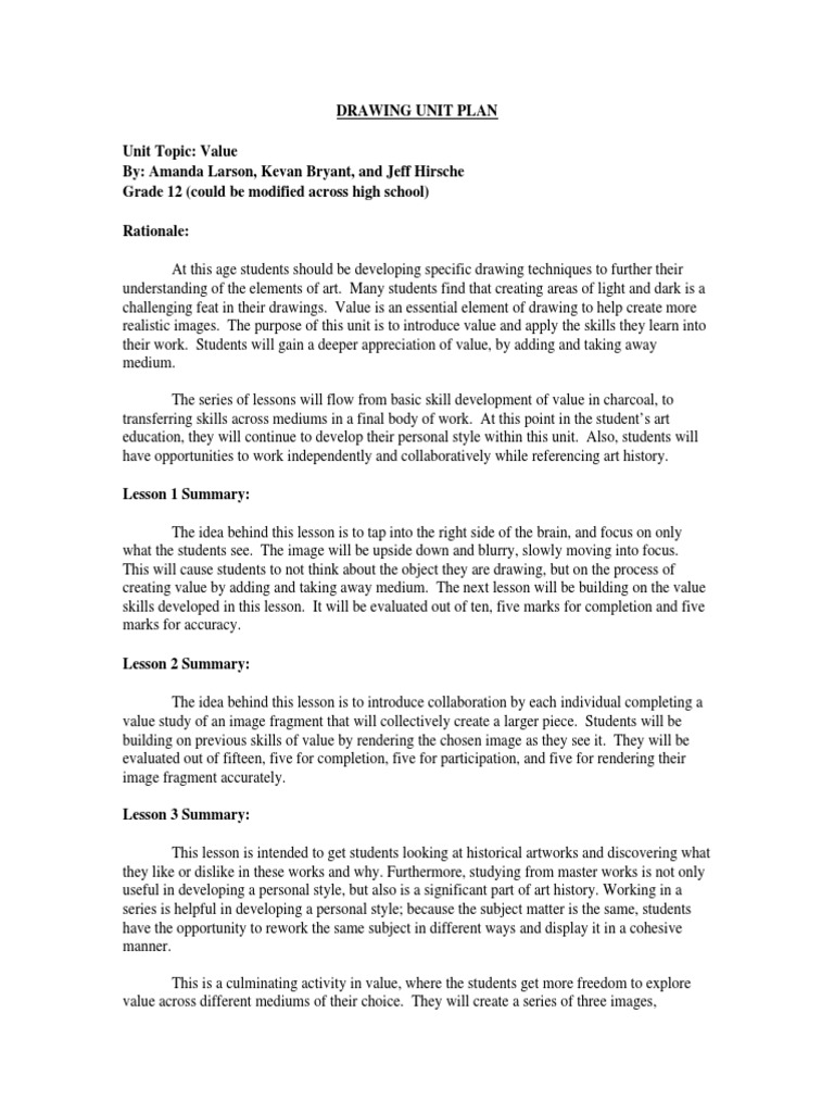 drawing unit plan and rationale | Drawing | Educational Assessment