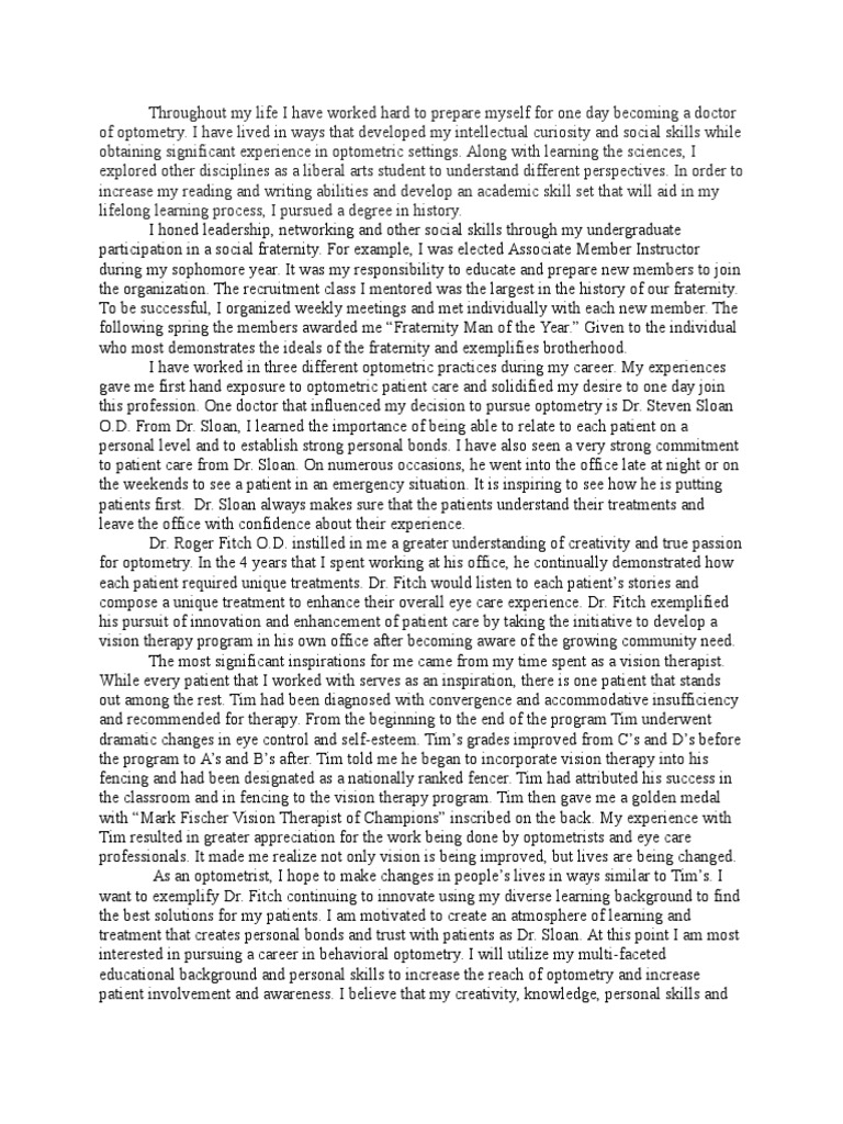 Newest Personal Statement | PDF | Optometry | Health Care