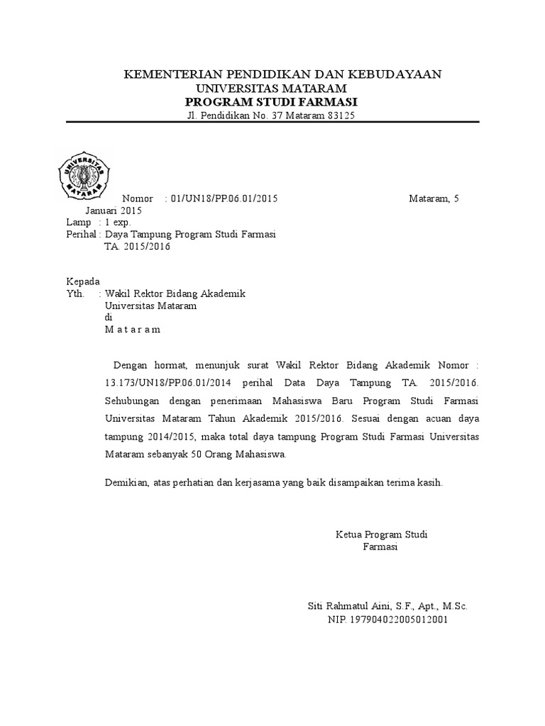 Surat Daya Tampung Mahasiswa | PDF