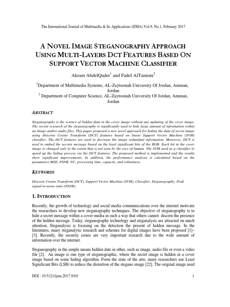 A Novel Image Steganography Approach Using Multi-Layers DCT Features Based On Support Vector ...