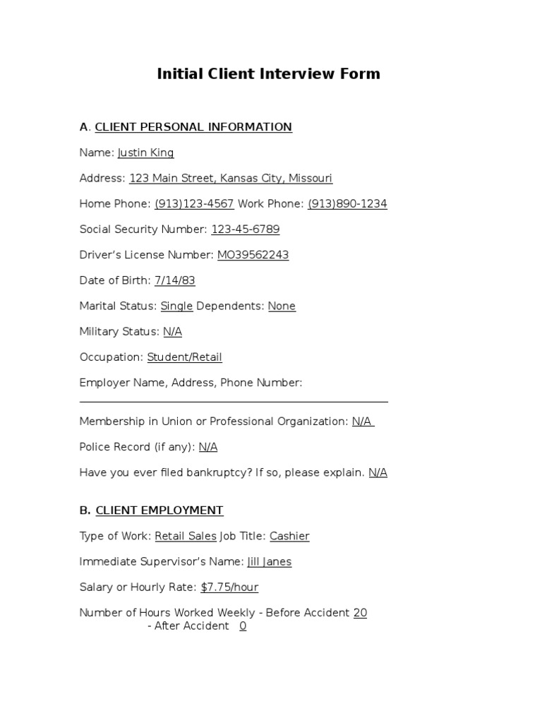 Initial Client Interview Form: A. Client Personal Information | PDF | Career & Growth