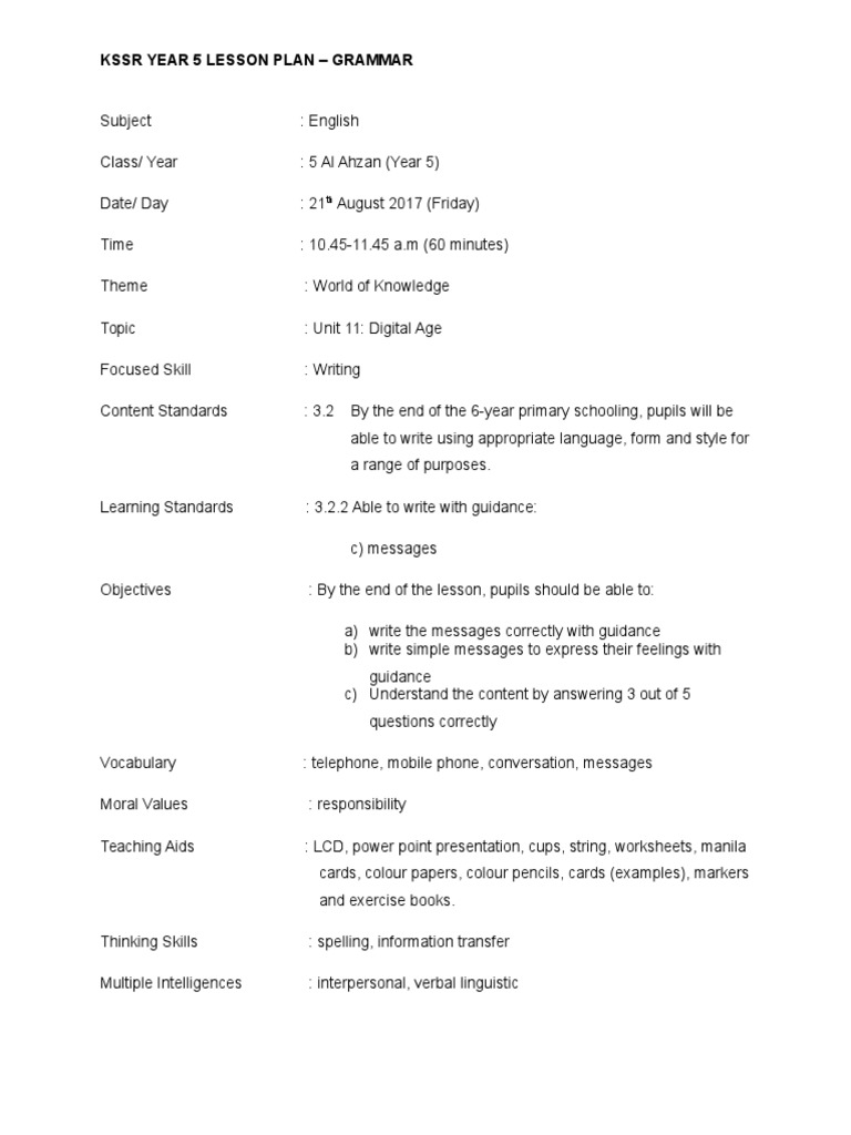 KSSR Year 5 Lesson Plan - Grammar | PDF | Lesson Plan | Human Communication