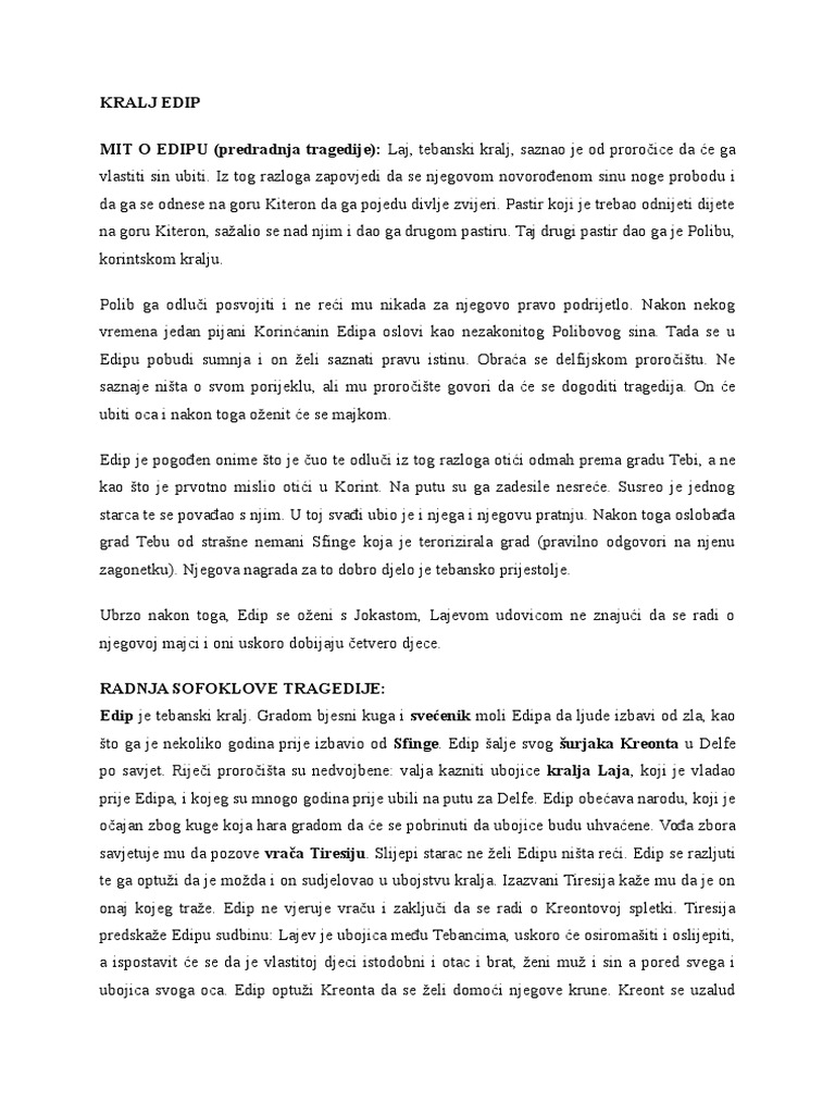 KRALJ EDIP Predradnja I Radnja Sofoklove Tragedije | PDF