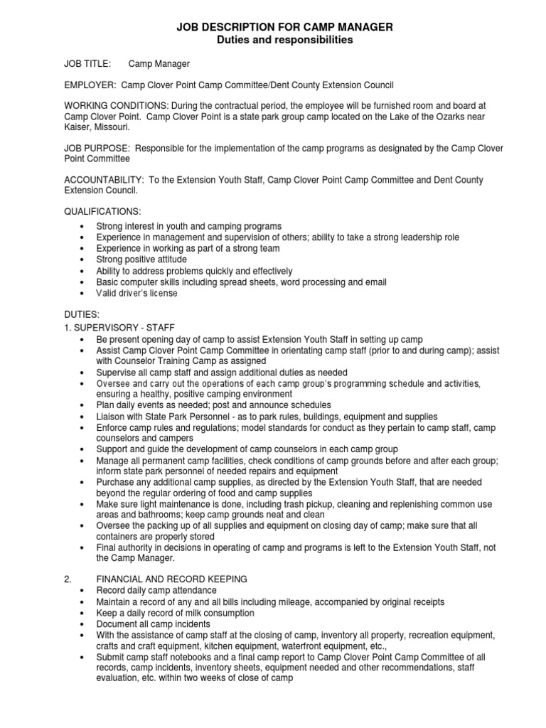 Camp Manager Job Description | PDF | Camping | Employment