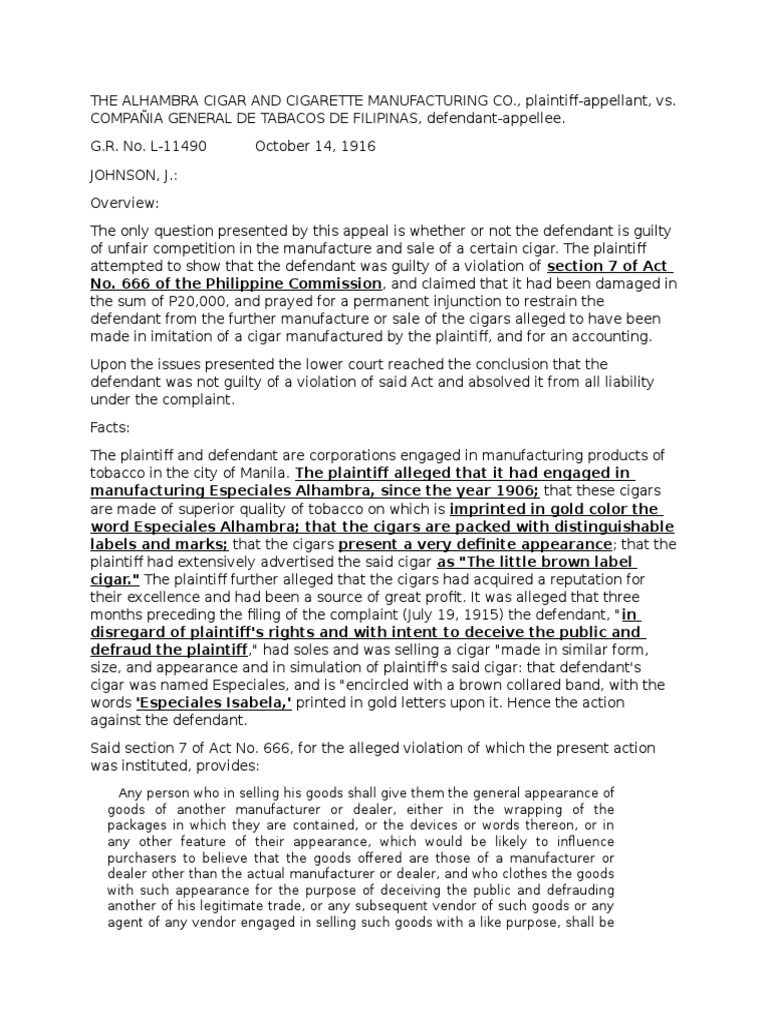 The Alhambra Cigar and Cigarette Manufacturing Co. vs. Compañia General ...