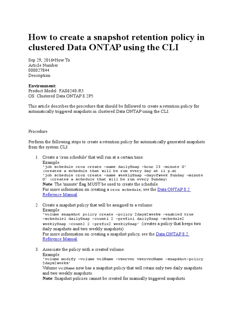 How To Create A Snapshot Retention Policy in Clustered Data ONTAP Using The CLI | PDF | Computers