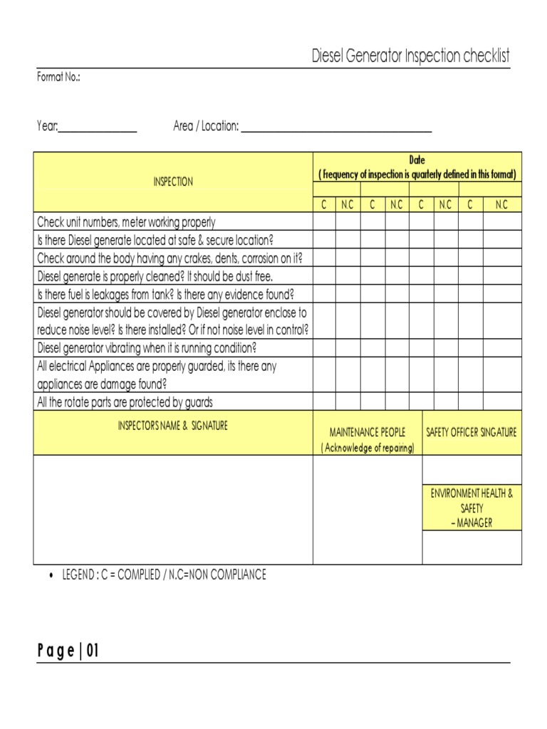 Diesel Generator Inspection Checklist | PDF