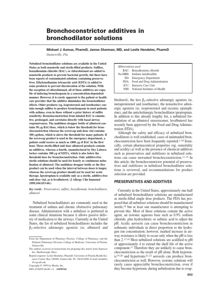 Bronchoconstrictor Additives in Bronchodilator Solutions | PDF | Asthma ...