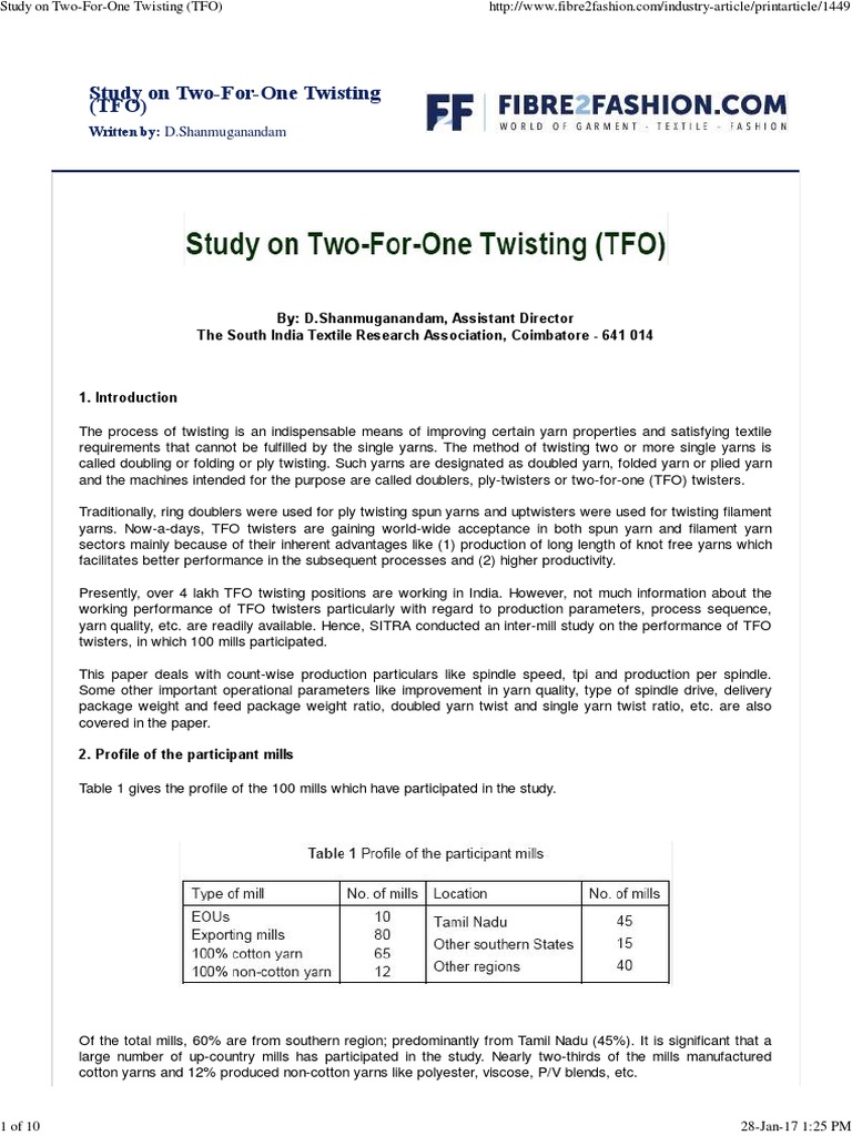 Study On Two-For-One Twisting (TFO) | PDF | Spindle (Textiles) | Yarn