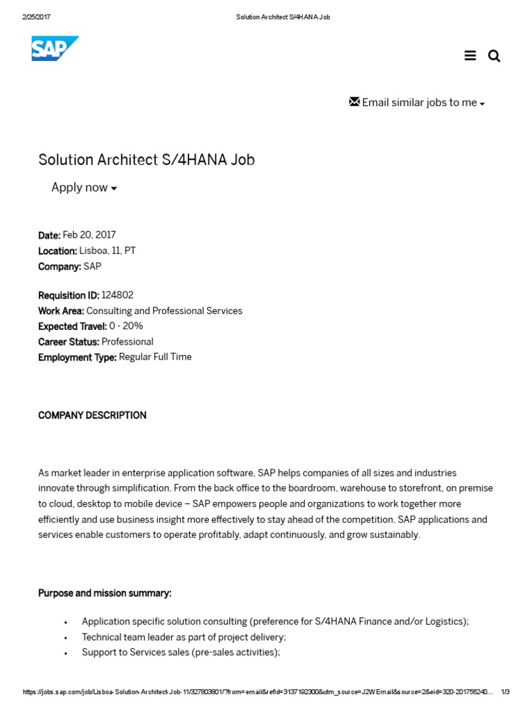 JOB - Solution Architect S - 4HANA Job | PDF | Sap Se | Sales