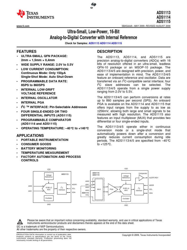 Datasheet Ads1115 | PDF | Analog To Digital Converter | Manufactured Goods