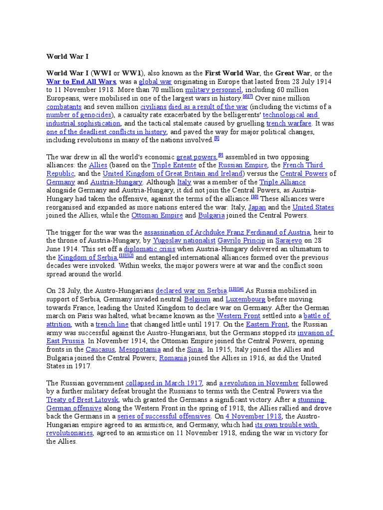 War To End All Wars: World War I World War I (WWI or WW1), Also Known ...