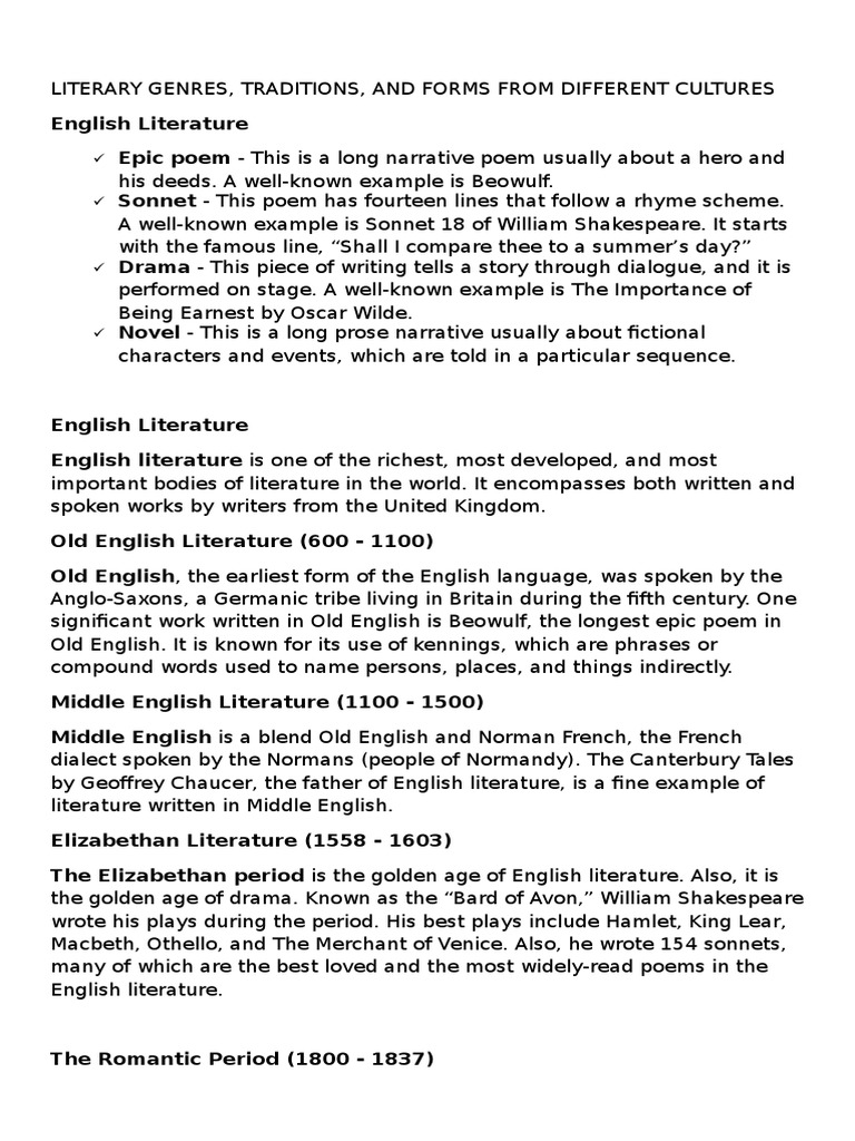 Overview of English Literature Genres | PDF | English Literature | Poetry
