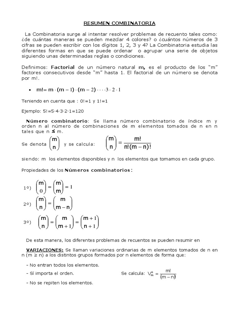 Resumen de Combinatoria | PDF | Permutación | Combinatoria