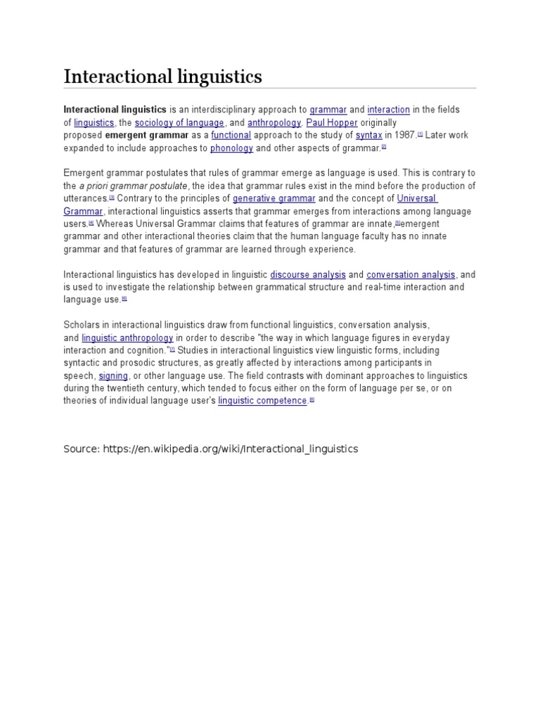 Interactional Linguistics Is An Interdisciplinary Approach To | PDF