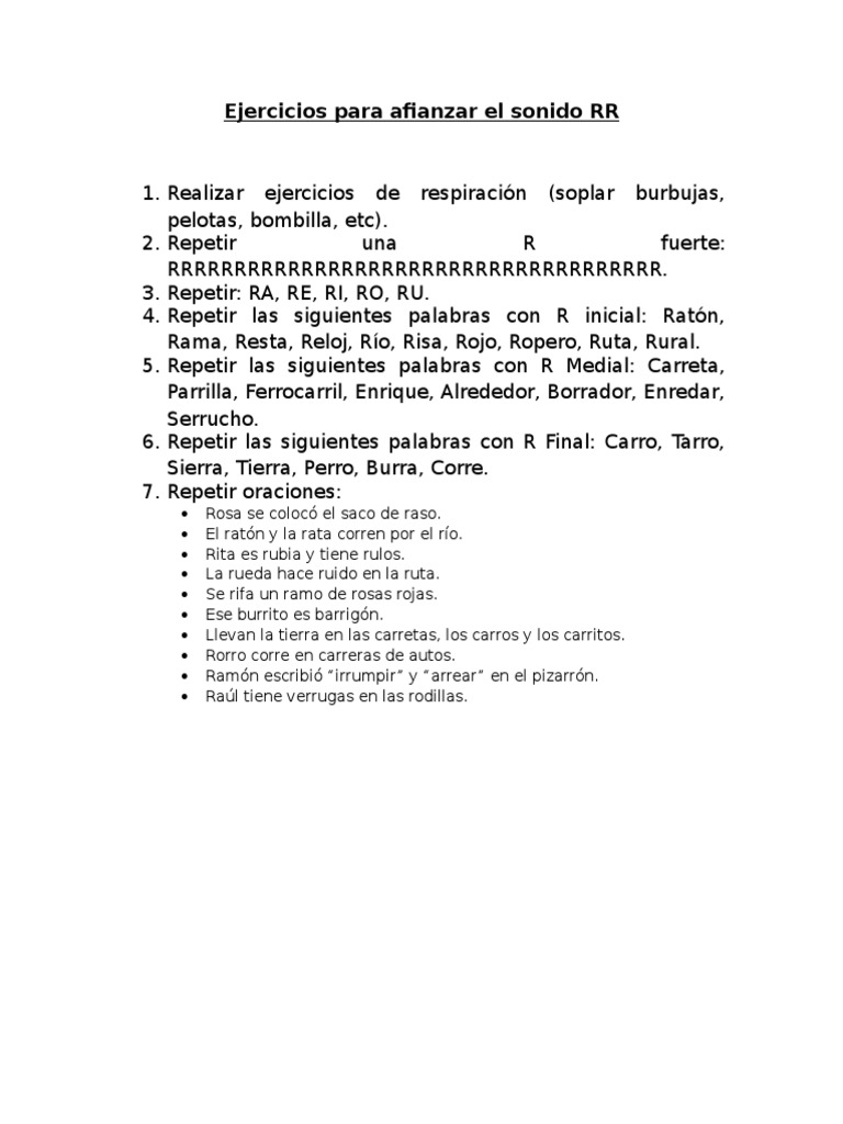 Ejercicios para Afianzar El Fonema RR | PDF | Artes del Lenguaje y ...