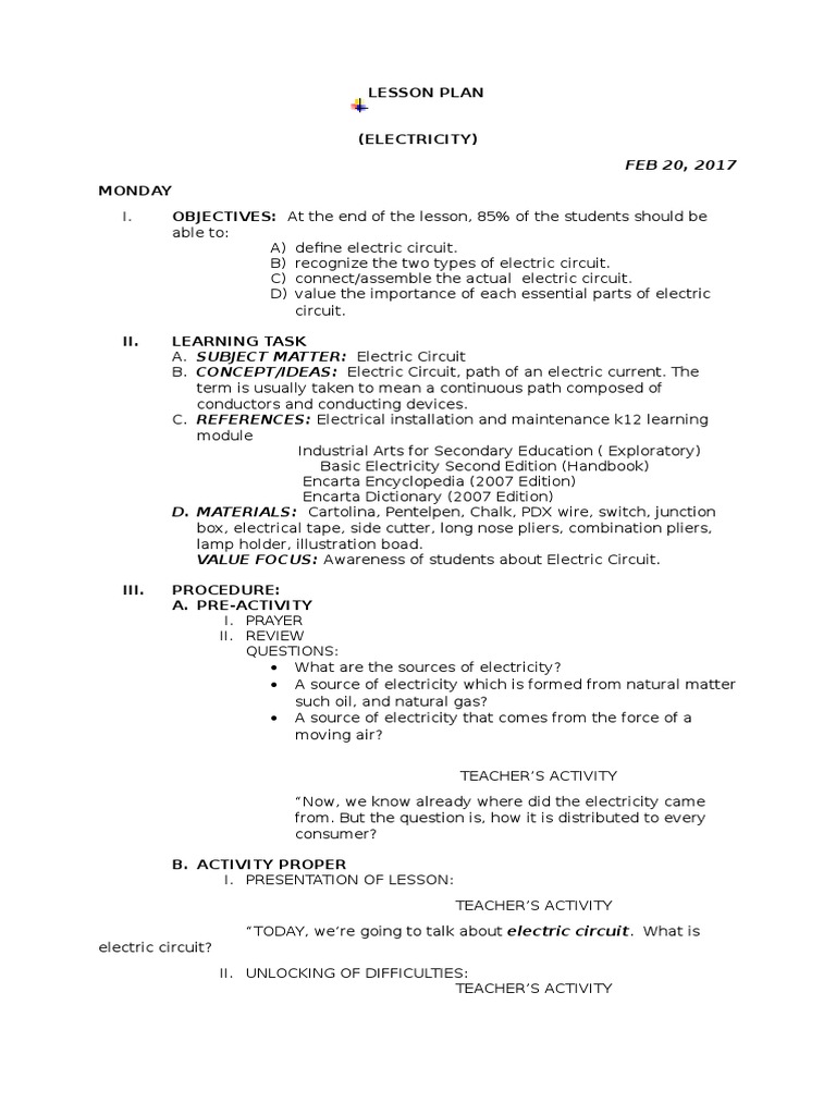 Lesson Plan Eim | Download Free PDF | Series And Parallel Circuits | Electricity