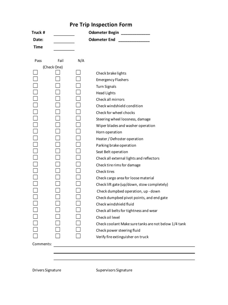 Pre Trip Inspection Form: Truck # Odometer Begin - Date: Odometer End ...