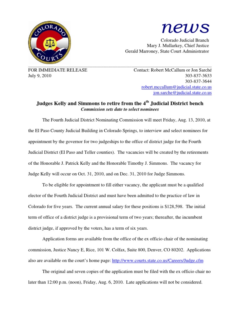 Colorado Judges Kelly and Simmons Retire | PDF | Colorado | Judge