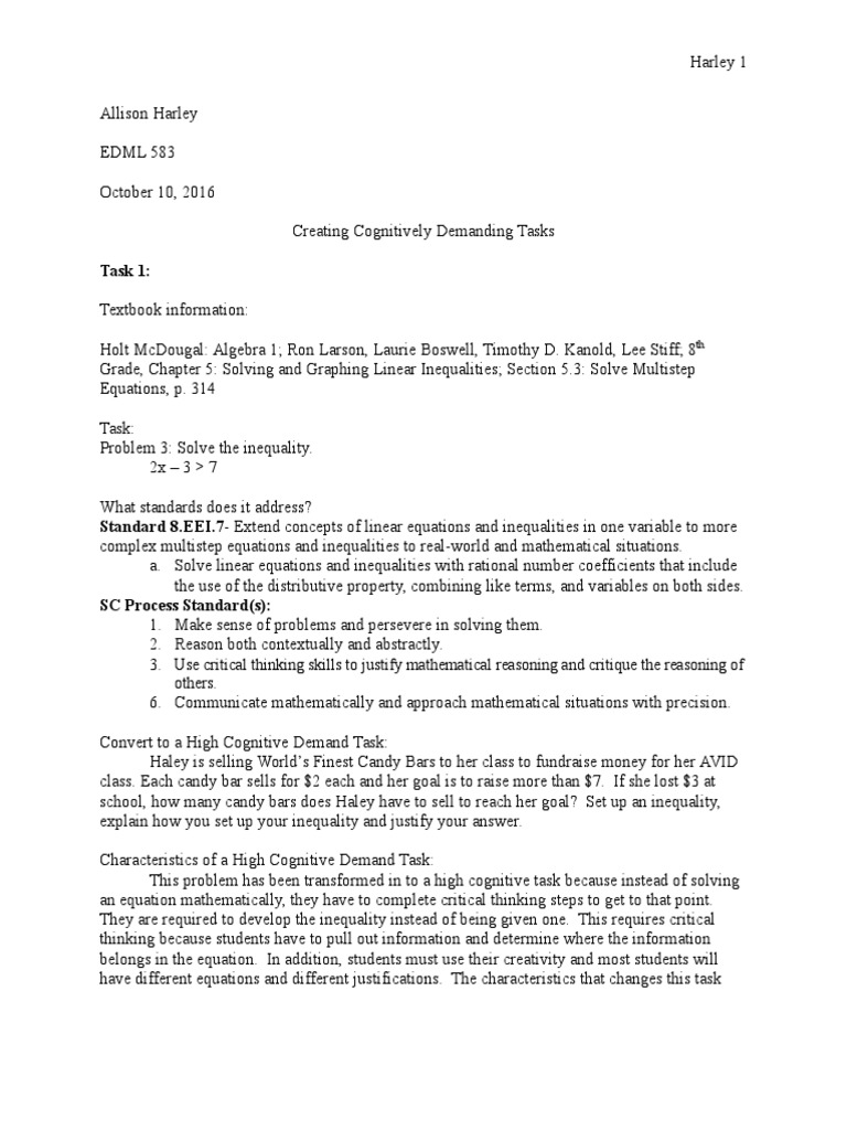 High Cognitive Demand Task Examples | PDF | Equations | Algebra
