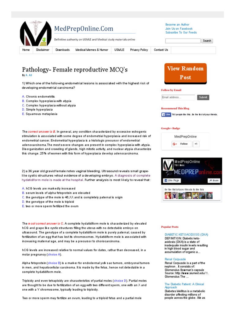 Pathology - Female Reproductive MCQ's - MedPrepOnline | PDF | Handbag | Breast Cancer