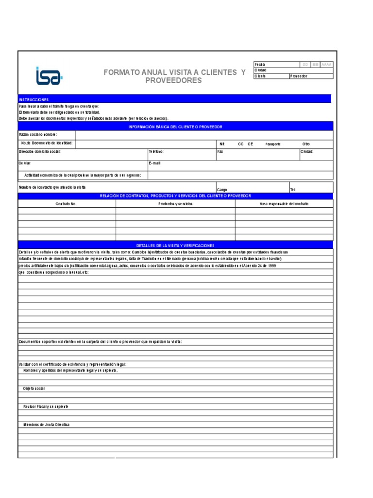Formato Visita Anual a Clientes y Proveedores | Liquidación | Economias