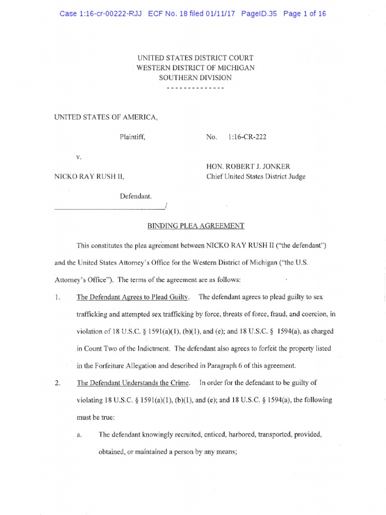 Nicko Ray Rush Plea Agreement | PDF | Legal Procedure | Public Law